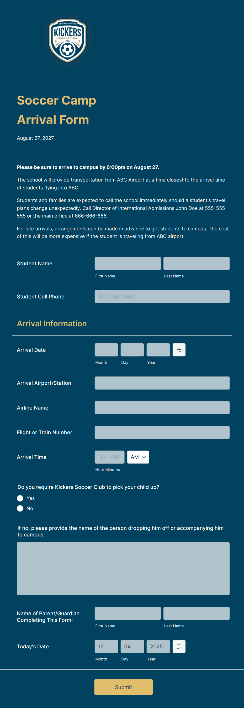 Summer Camp Arrival Form Template | Jotform