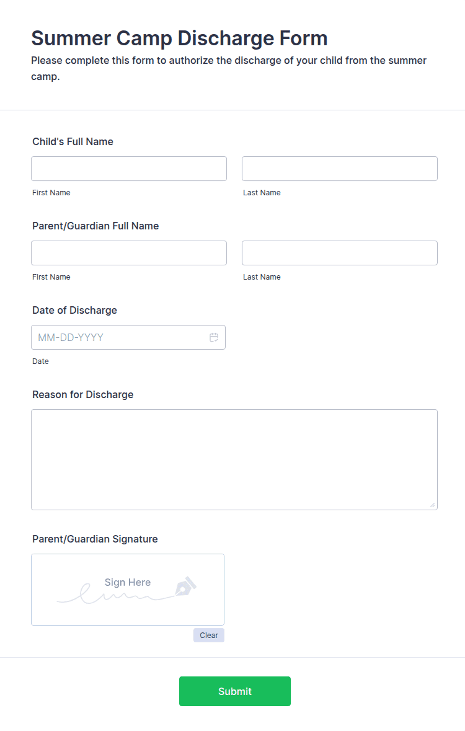 Summer Camp Discharge Form Template | Jotform