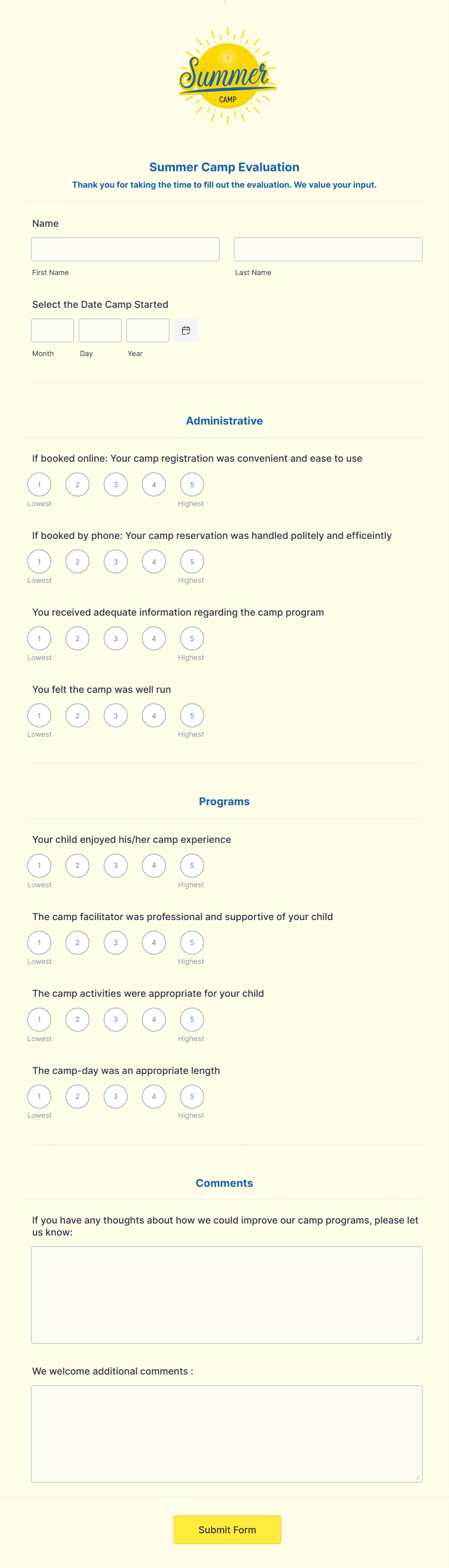 Summer Camp Evaluation Form Template | Jotform