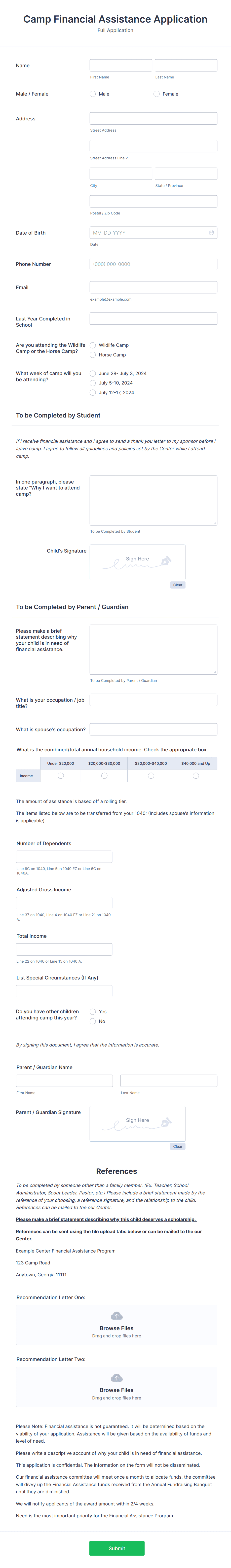 Summer Camp Financial Assistance Application Form Template | Jotform