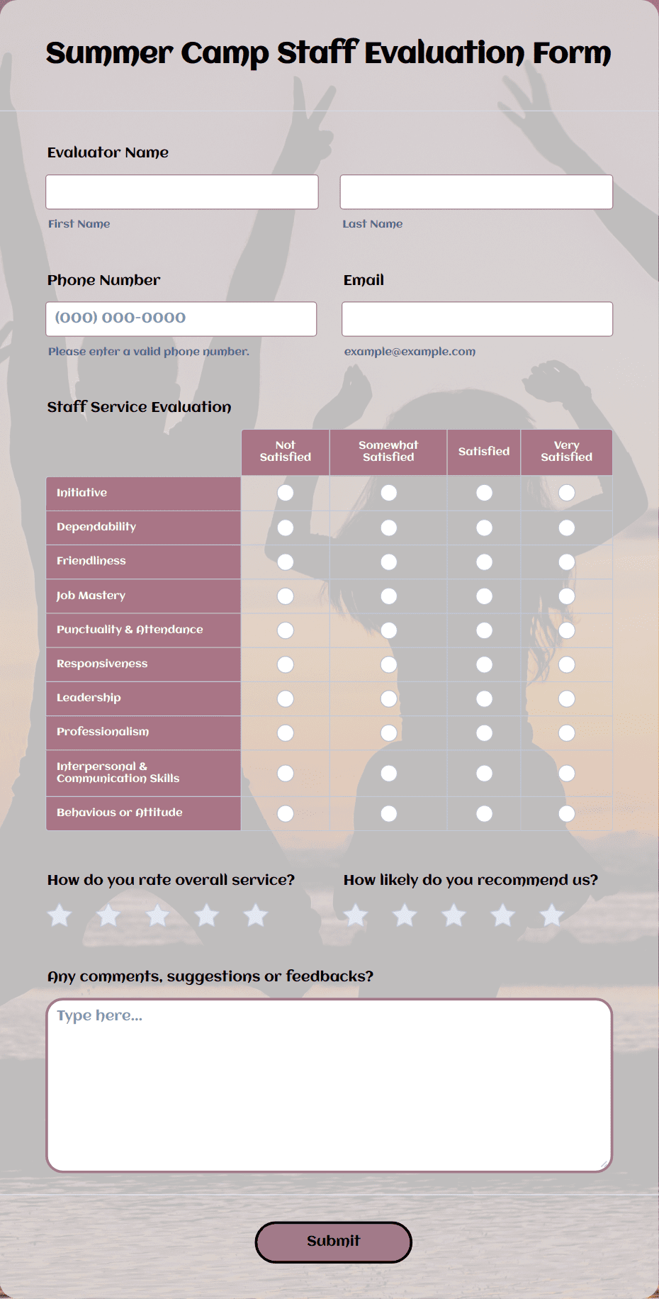 Summer Camp Staff Evaluation Form Template | Jotform