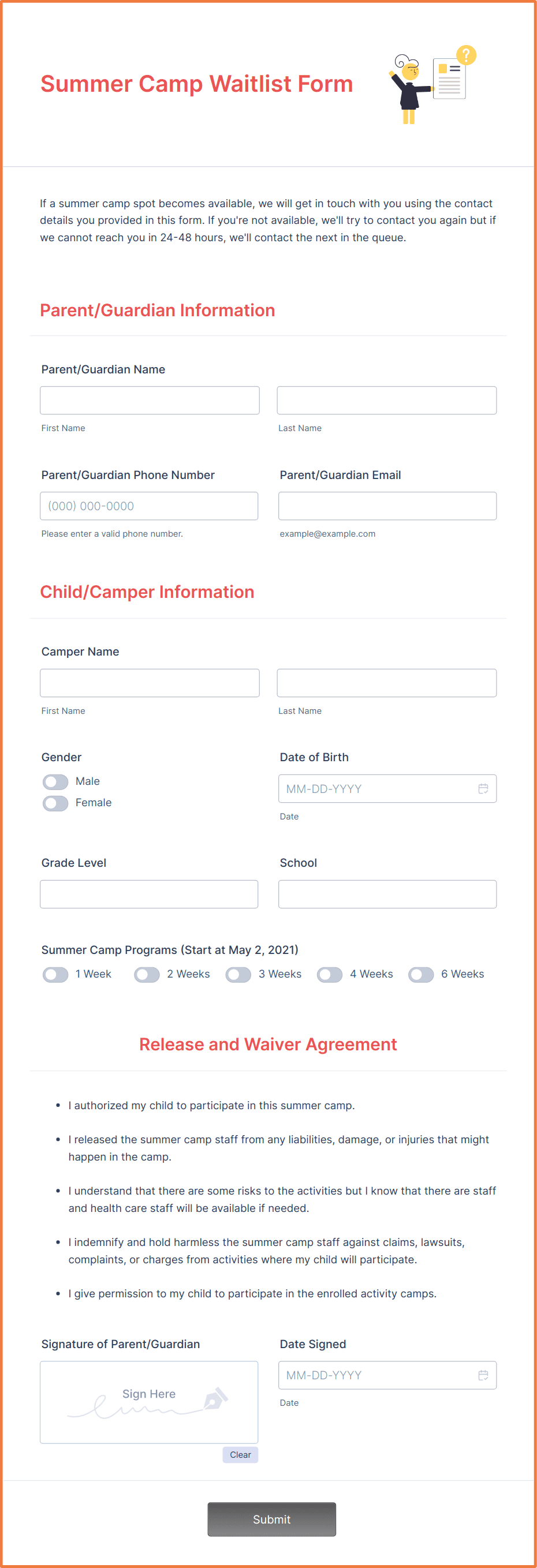 Summer Camp Waitlist Form Template | Jotform