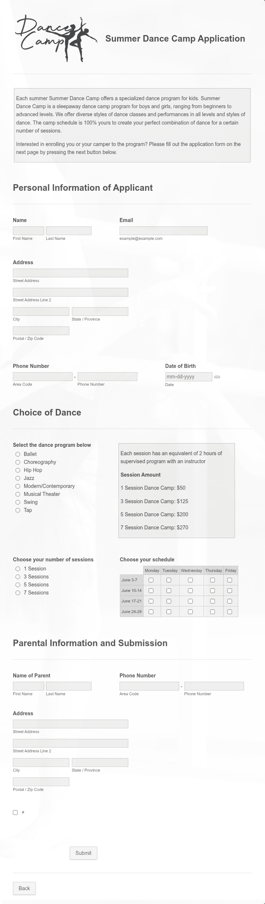 Summer Dance Camp Application Form Template | Jotform