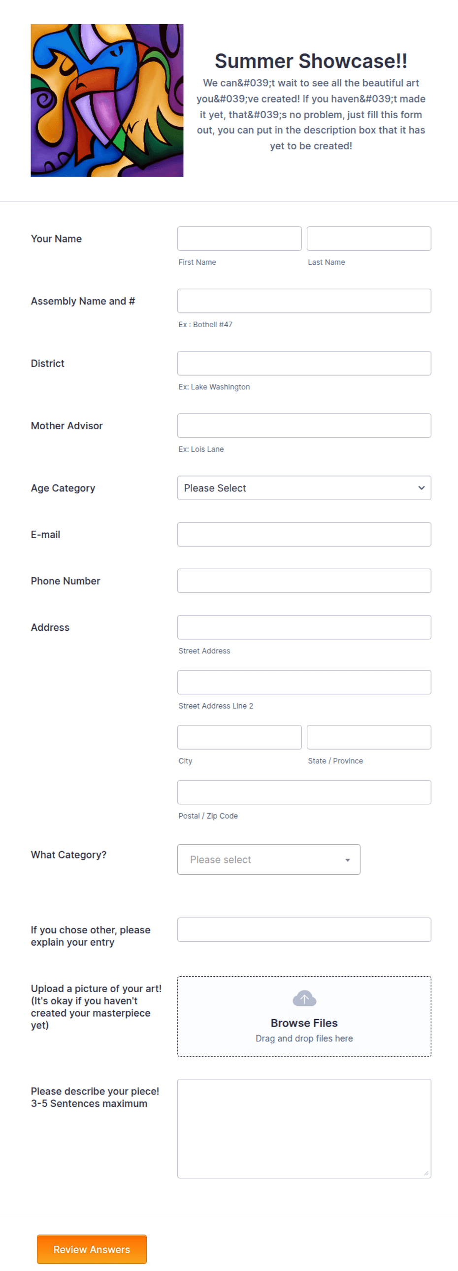 Arts Showcase Entry Form Template | Jotform