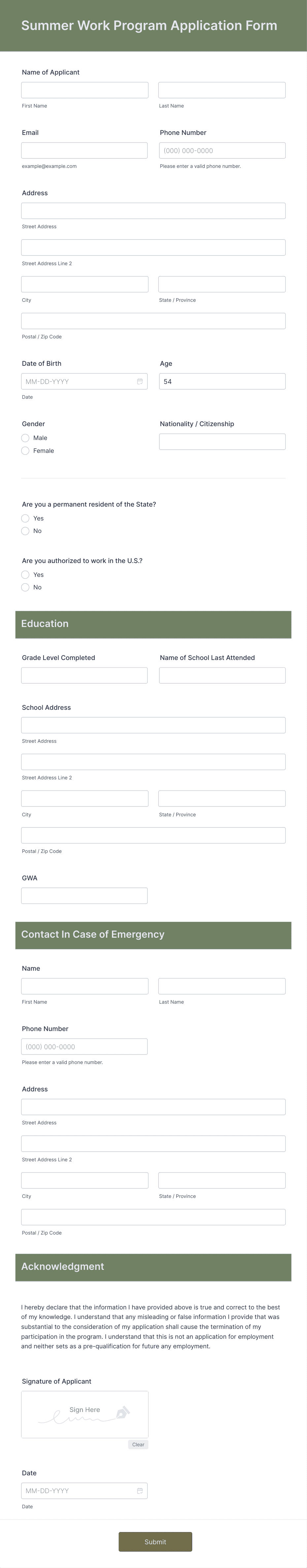 Summer Work Program Application Form Template | Jotform
