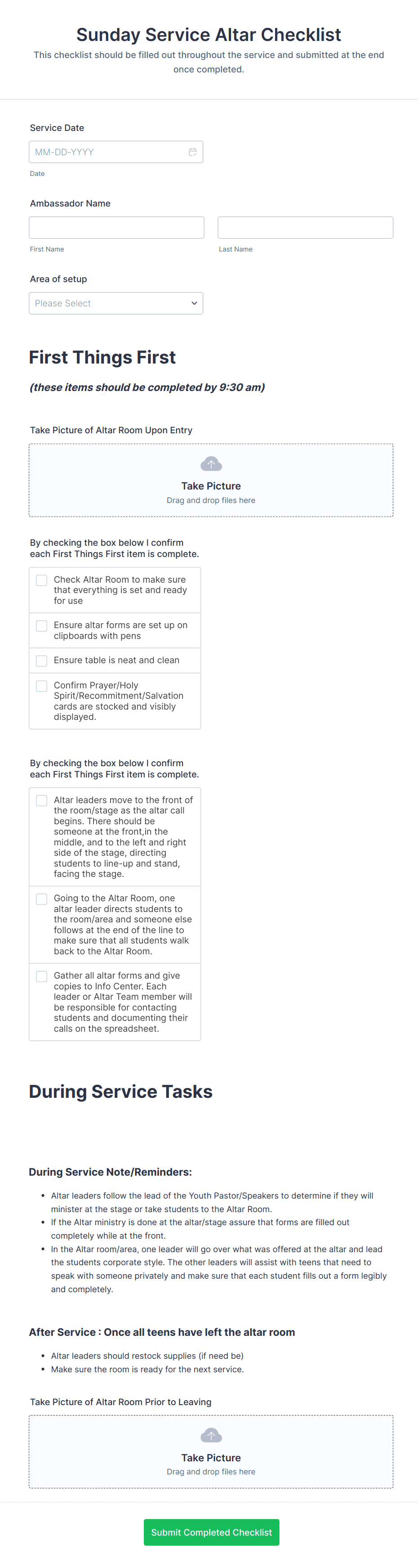 Sunday Service Altar Checklist Form Template | Jotform