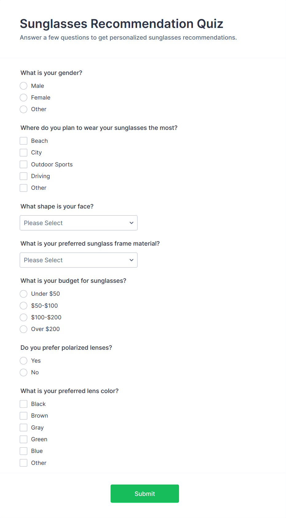 Sunglasses Recommendation Quiz Form Template | Jotform