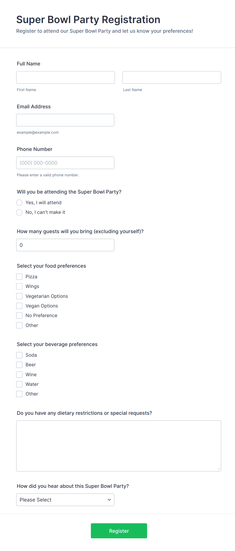 Super Bowl Party Registration Form Template | Jotform