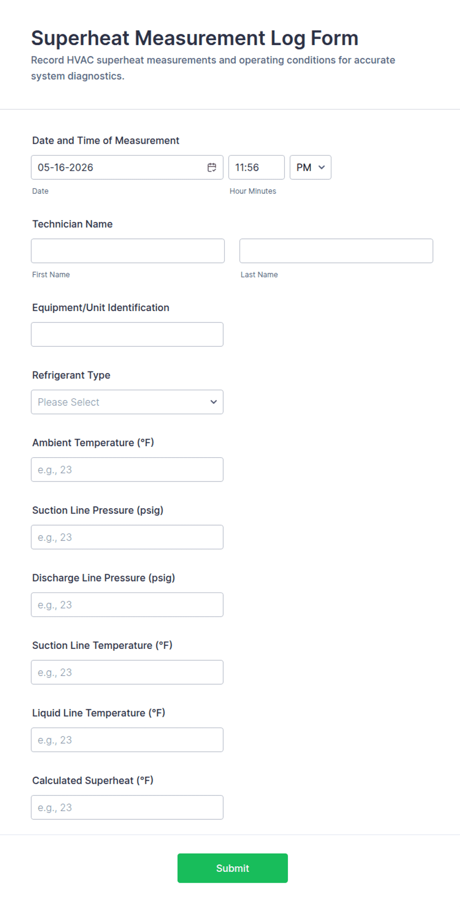 Superheat Measurement Log Form Template | Jotform