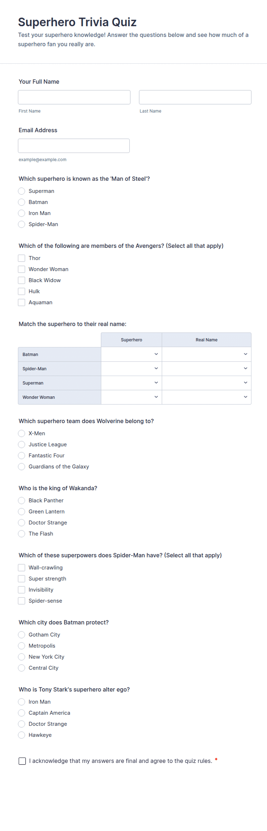 Superhero Trivia Quiz Form Template | Jotform