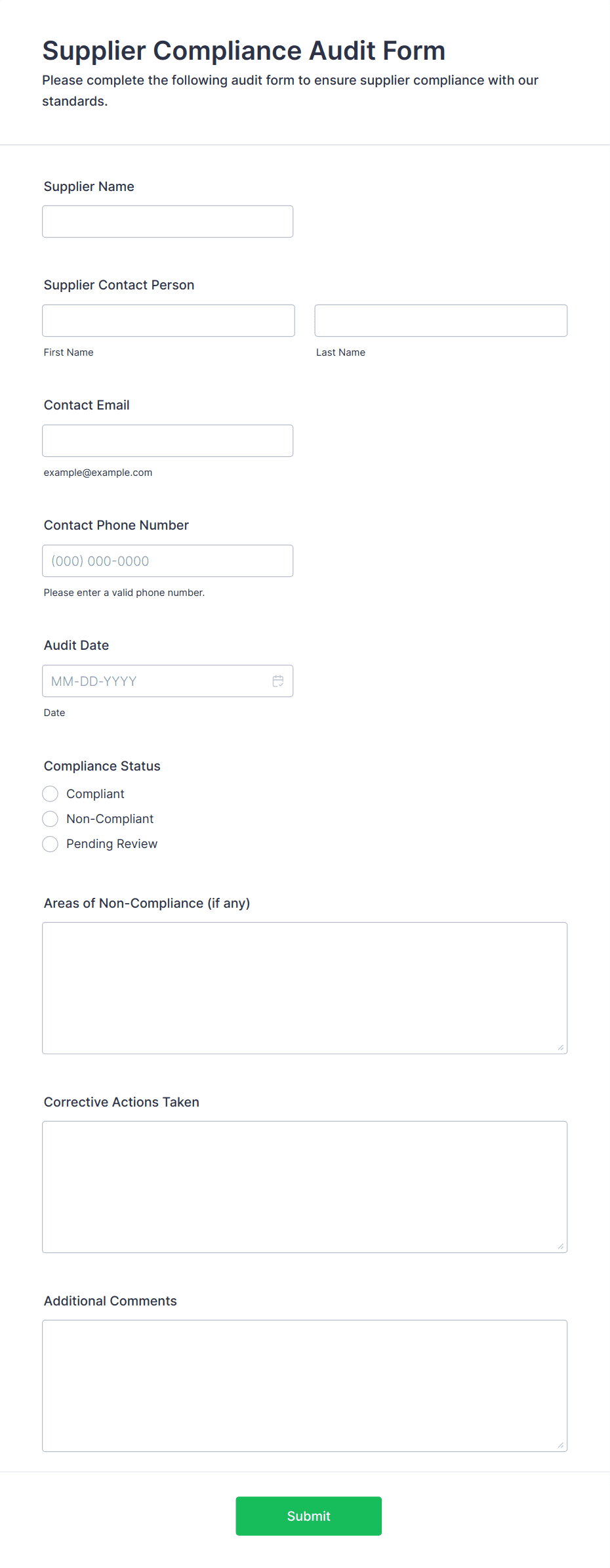 Supplier Compliance Audit Form Template | Jotform