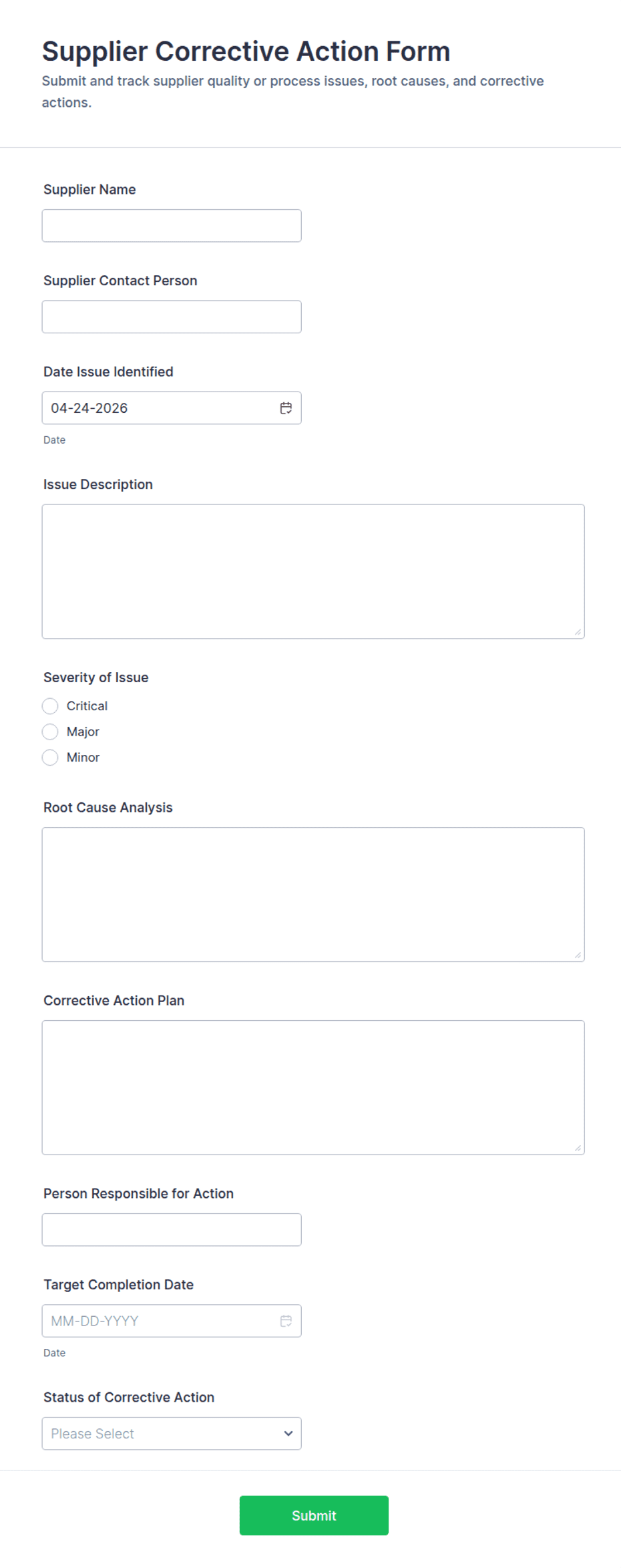 Supplier Corrective Action Form Template | Jotform