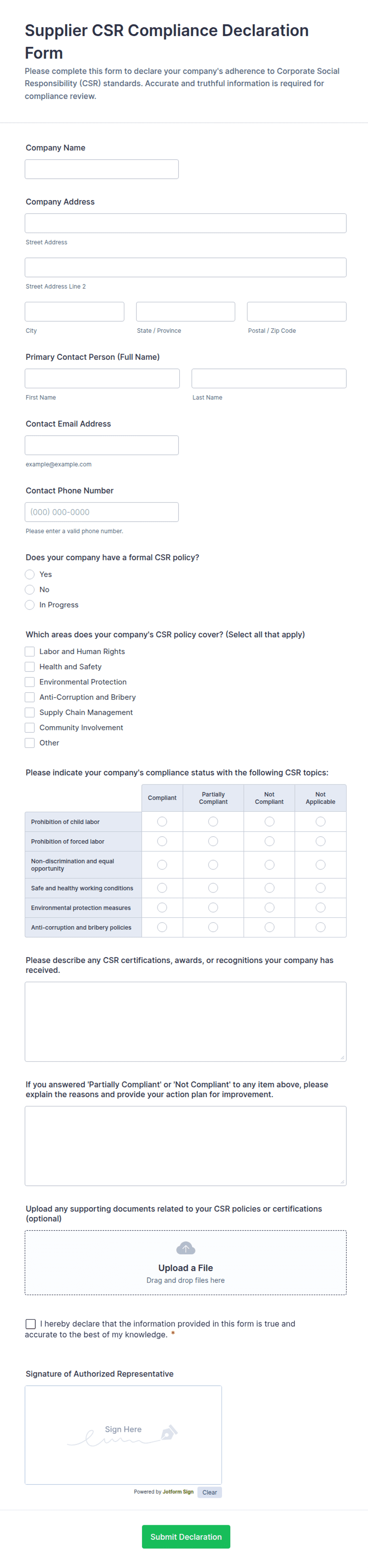 Supplier CSR Compliance Declaration Form Template | Jotform