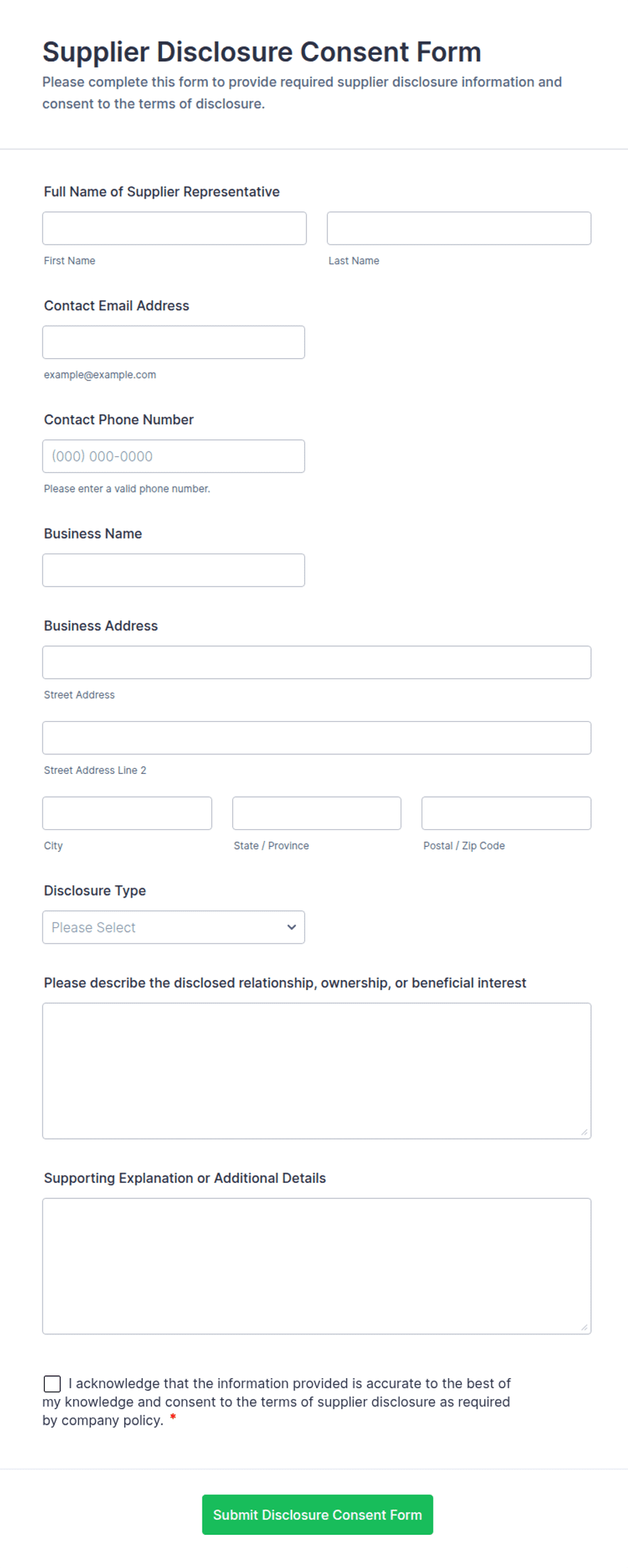 Supplier Disclosure Consent Form Template | Jotform