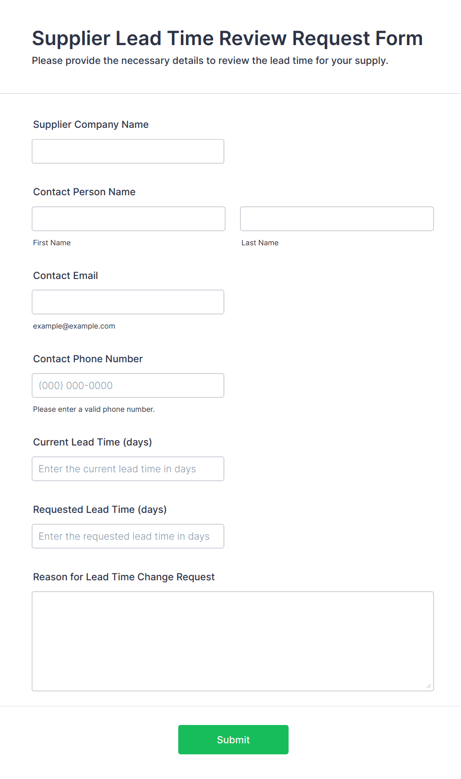 Supplier Lead Time Review Request Form Template | Jotform