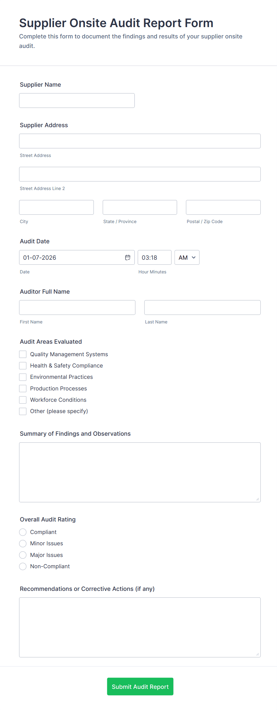 Supplier Onsite Audit Report Form Template | Jotform