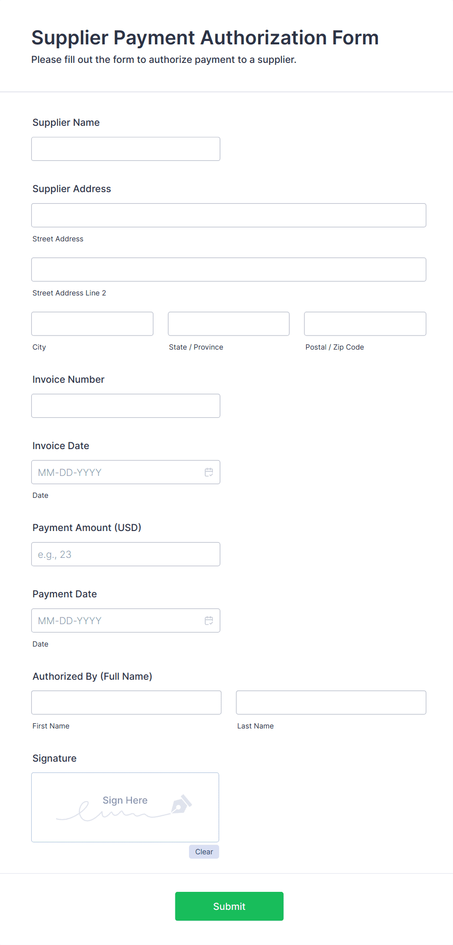 Supplier Payment Authorization Form Template | Jotform