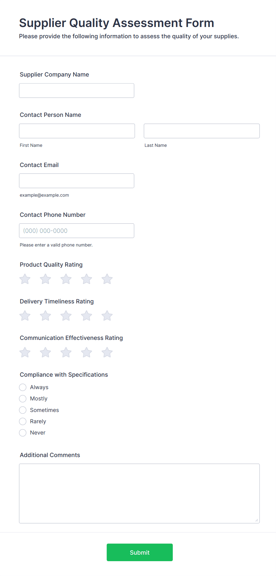 Supplier Quality Assessment Form Template | Jotform