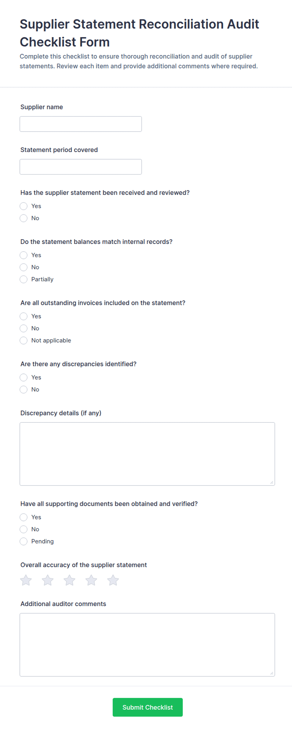 Supplier Statement Reconciliation Audit Checklist Form Template | Jotform