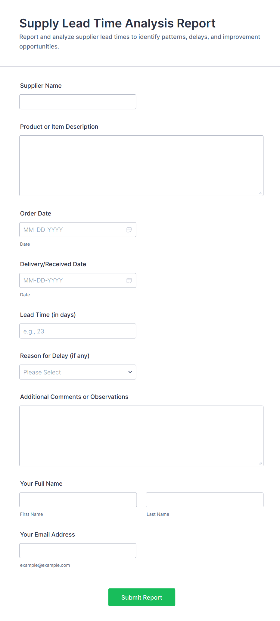 Supply Lead Time Analysis Report Form Template | Jotform