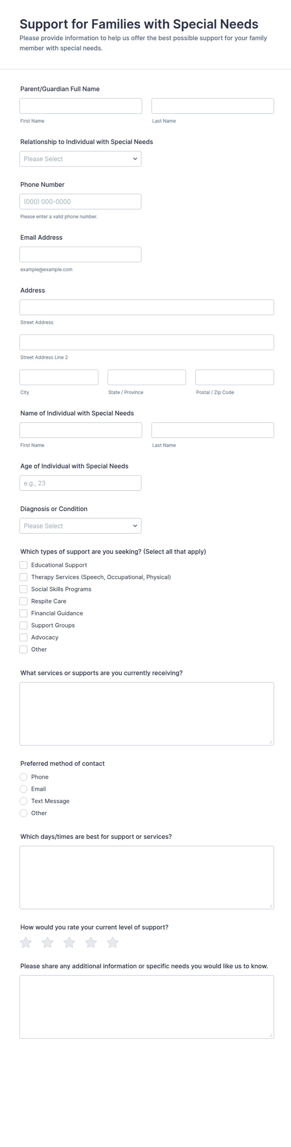 Support for Families with Special Needs Form Template | Jotform