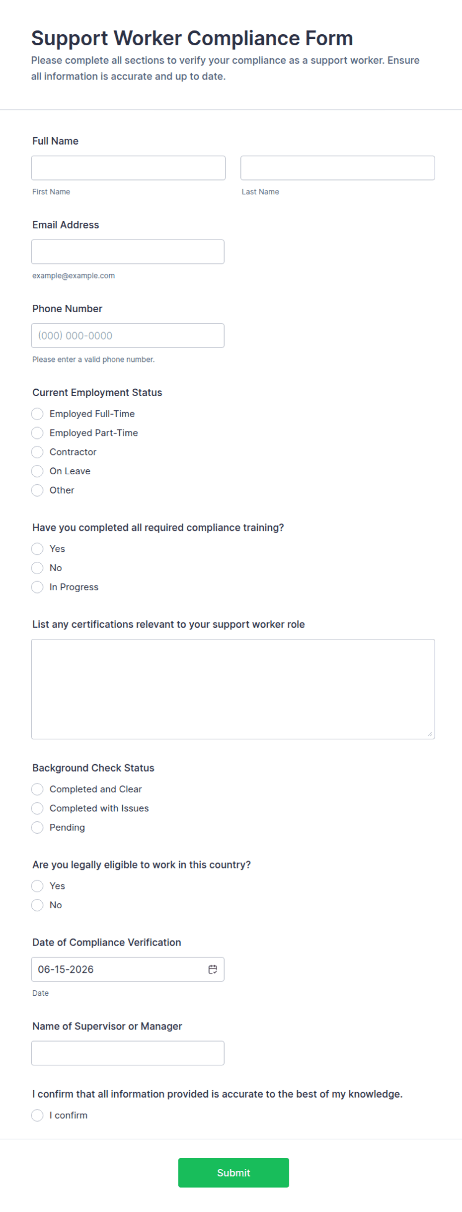 Support Worker Compliance Form Template | Jotform