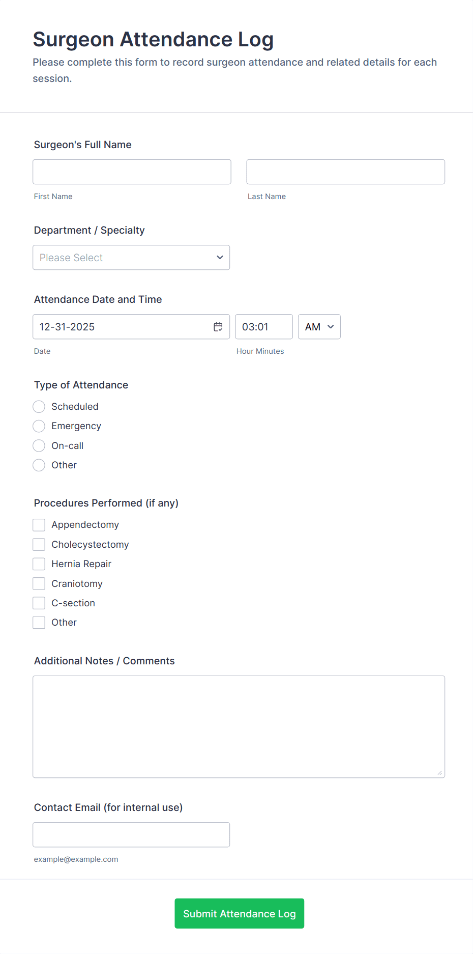 Surgeon Attendance Log Form Template | Jotform