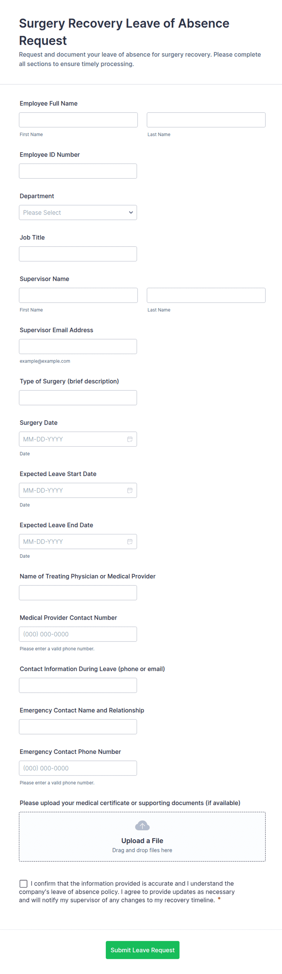 Surgery Recovery Leave of Absence Request Form Template | Jotform