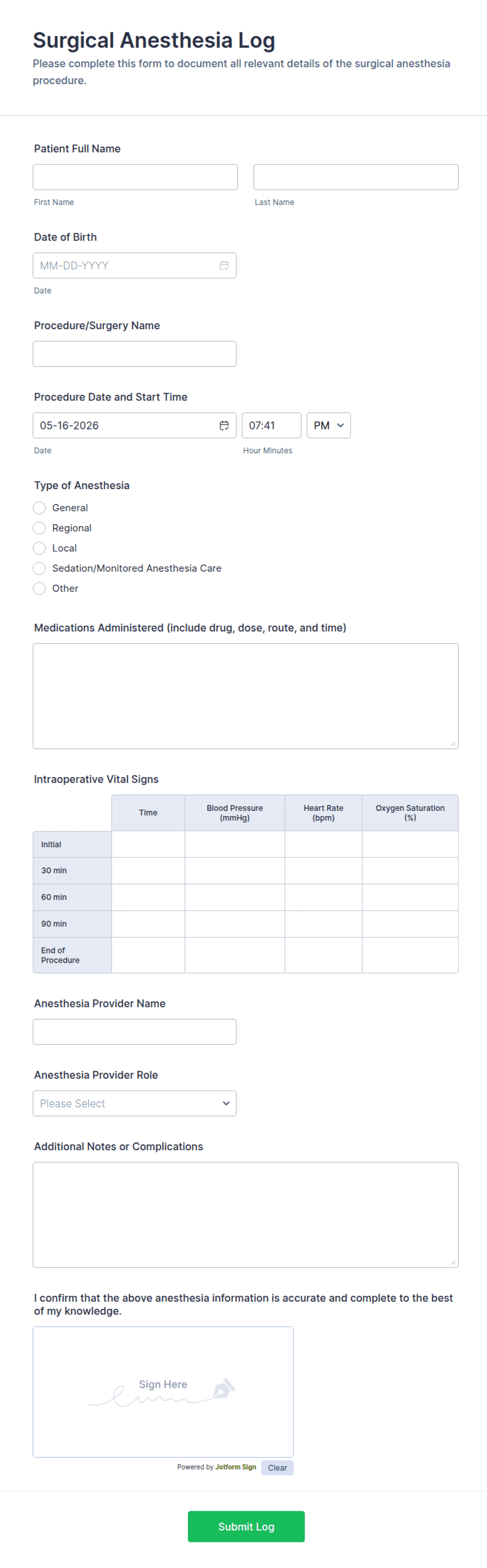 Surgical Anesthesia Log Form Template | Jotform