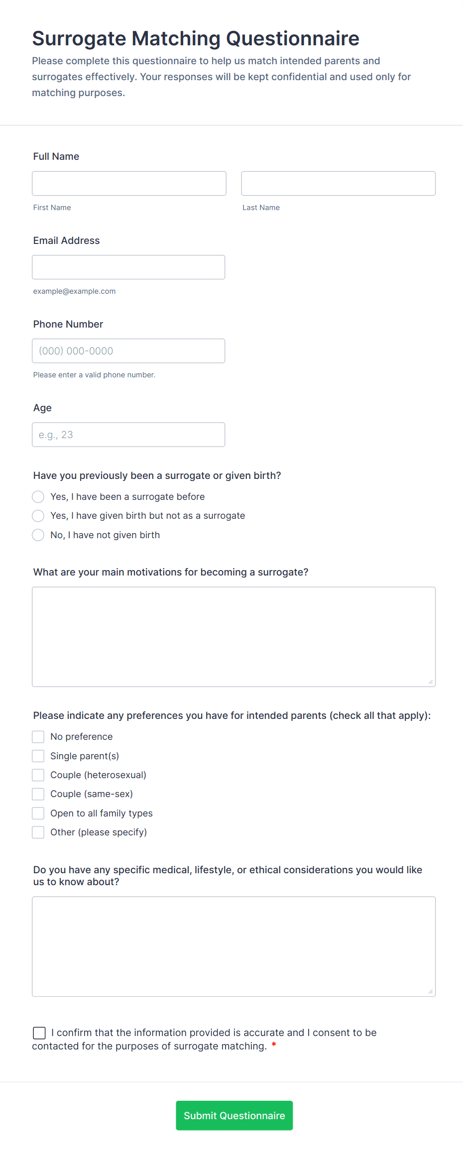Surrogate Matching Questionnaire Form Template | Jotform