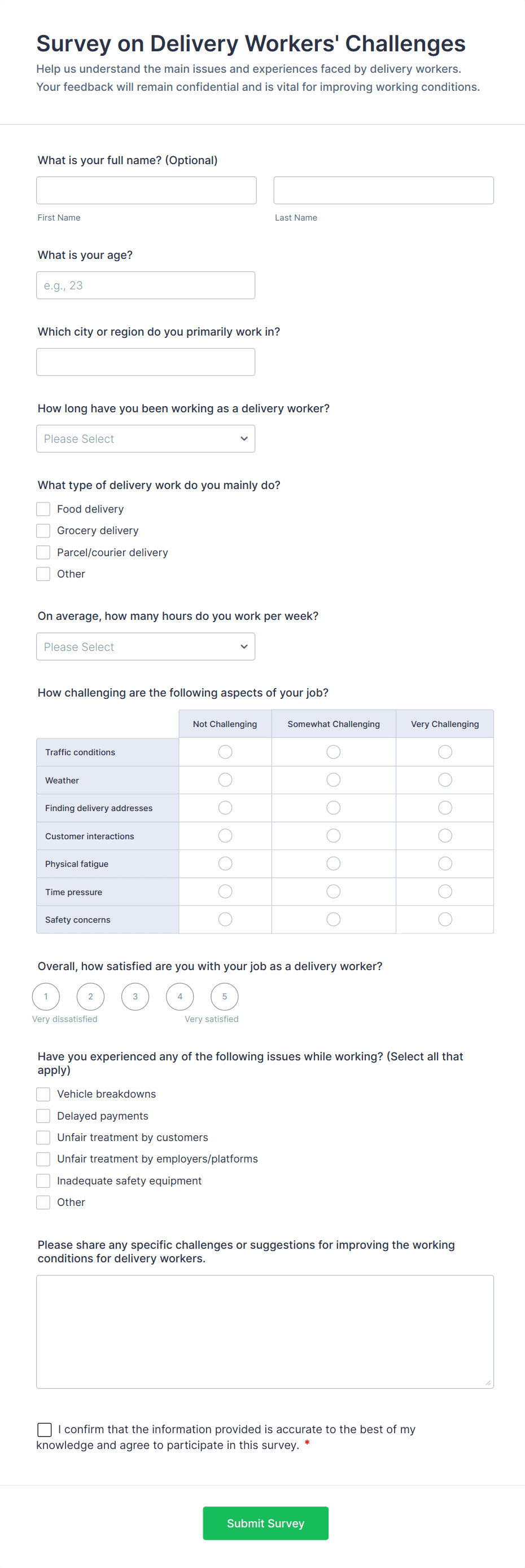Survey on Delivery Workers' Challenges Form Template | Jotform