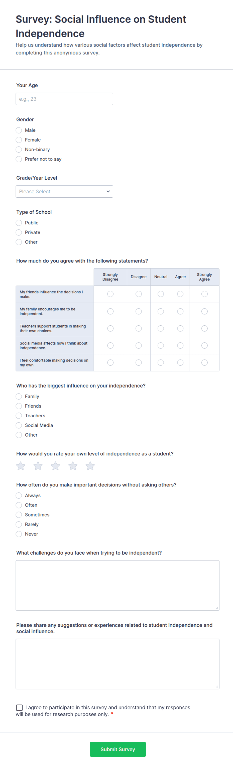 Survey: Social Influence on Student Independence Form Template | Jotform