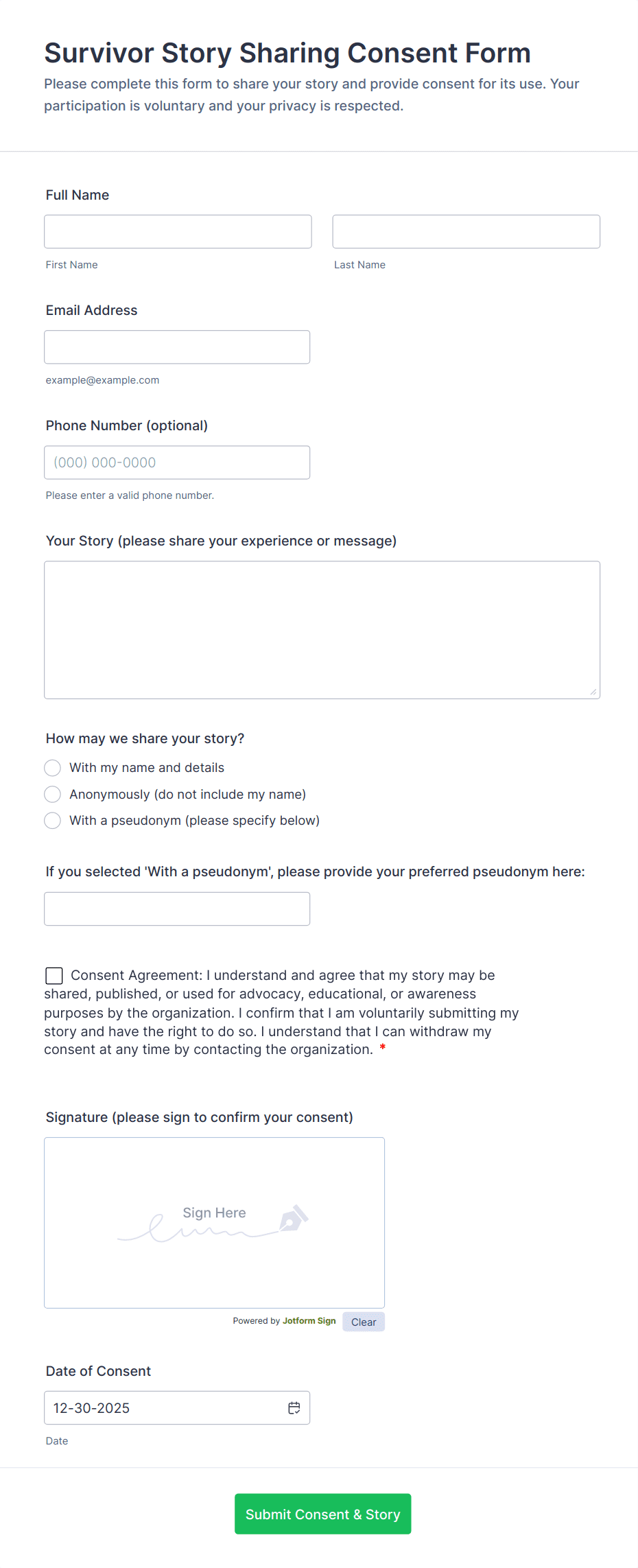 Survivor Story Sharing Consent Form Template | Jotform