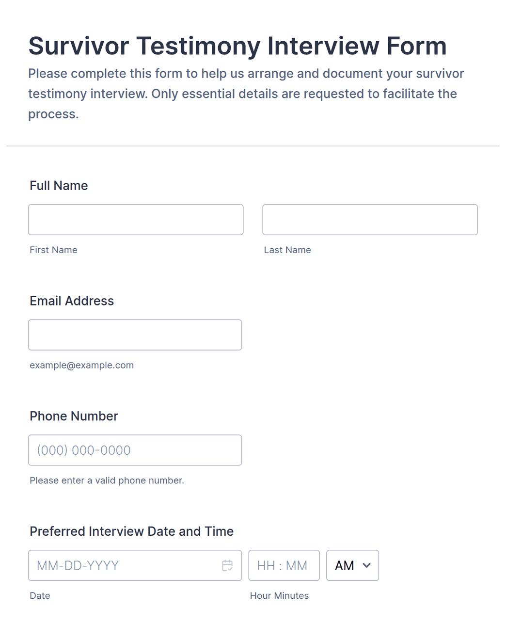Survivor Testimony Interview Form Template | Jotform