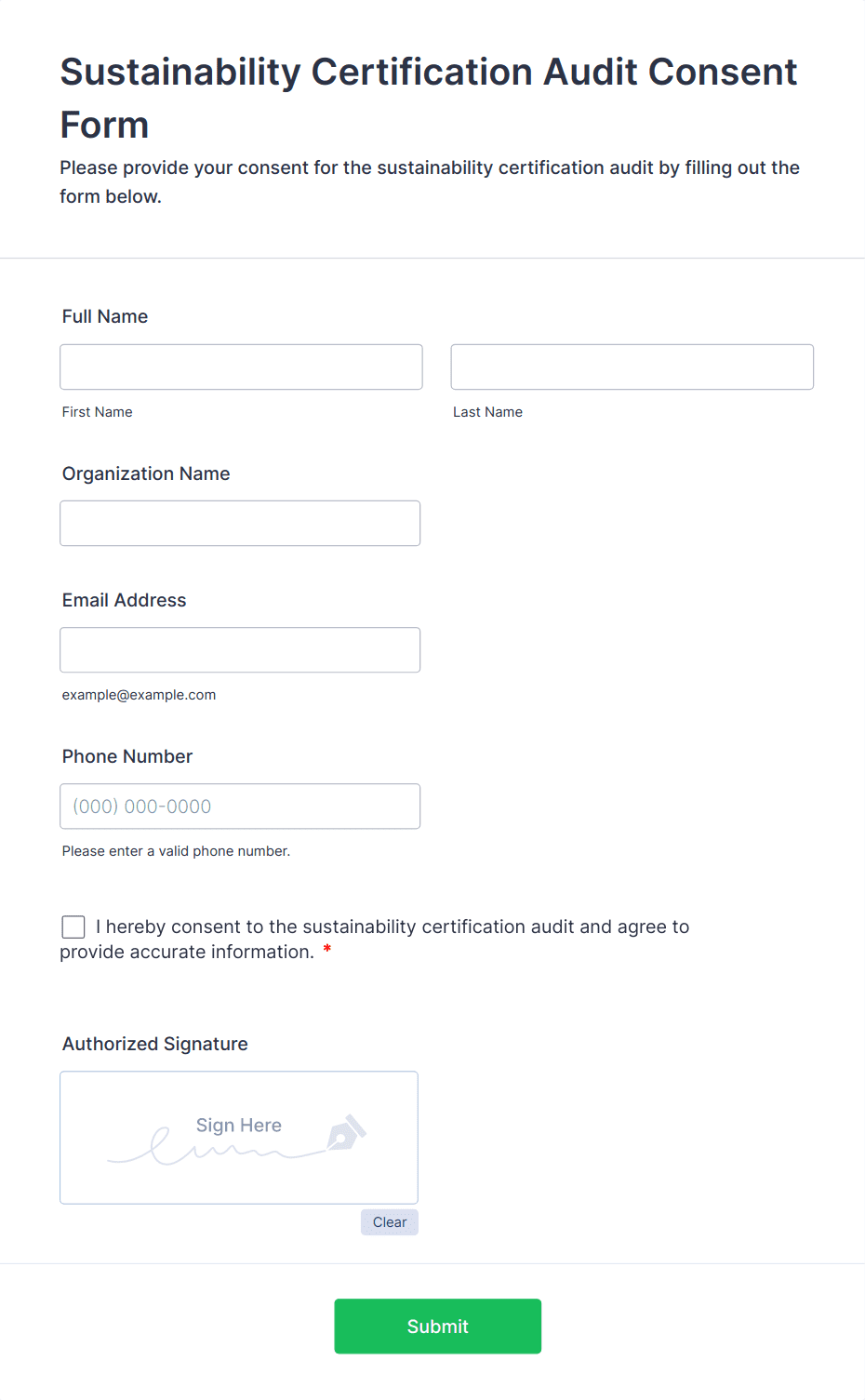 Sustainability Certification Audit Consent Form Template | Jotform