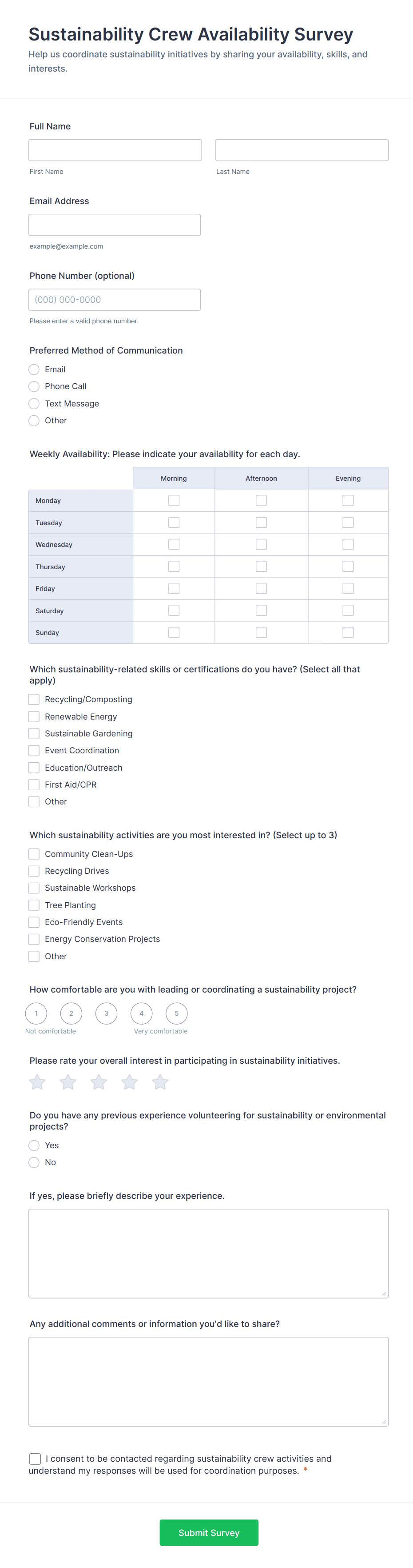 Sustainability Crew Availability Survey Form Template | Jotform