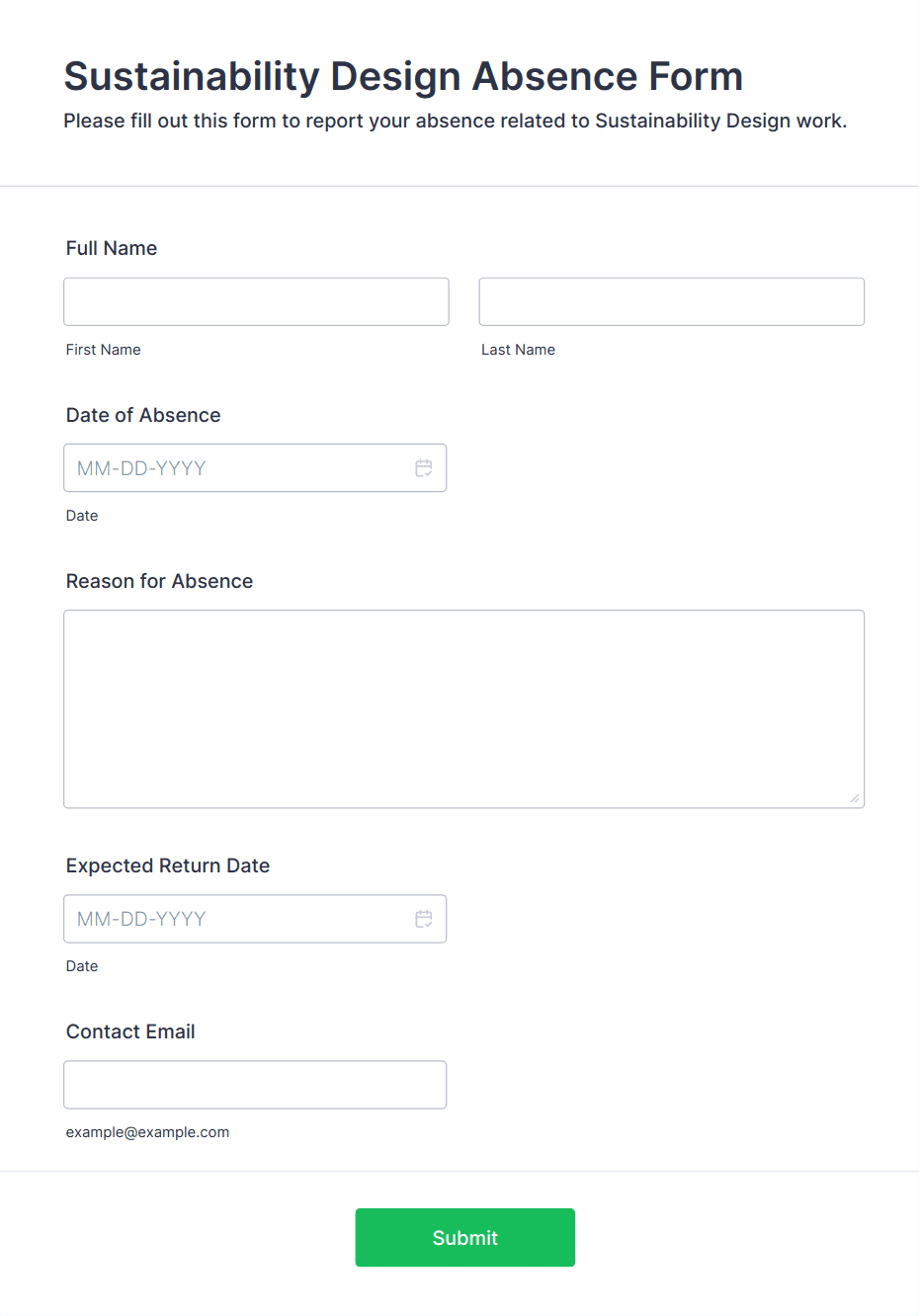Sustainability Design Absence Form Template | Jotform