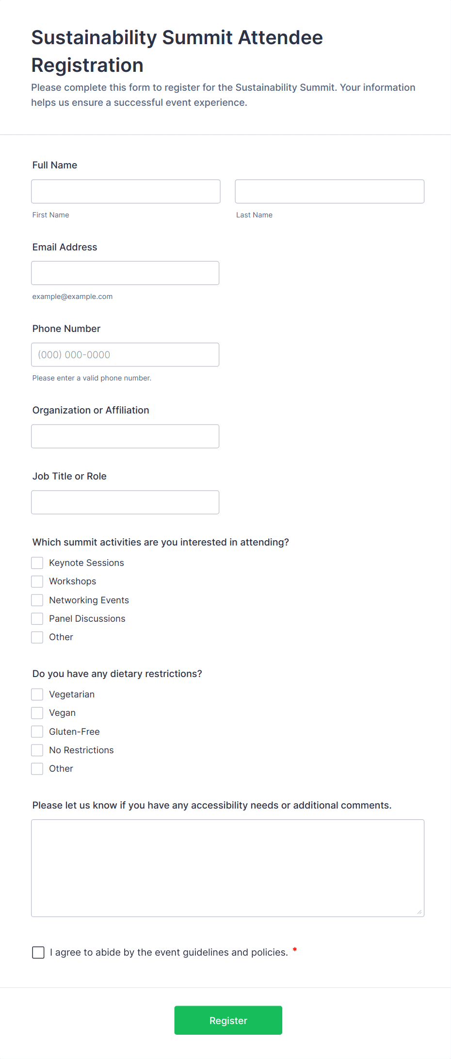 Sustainability Summit Attendee Registration Form Template | Jotform