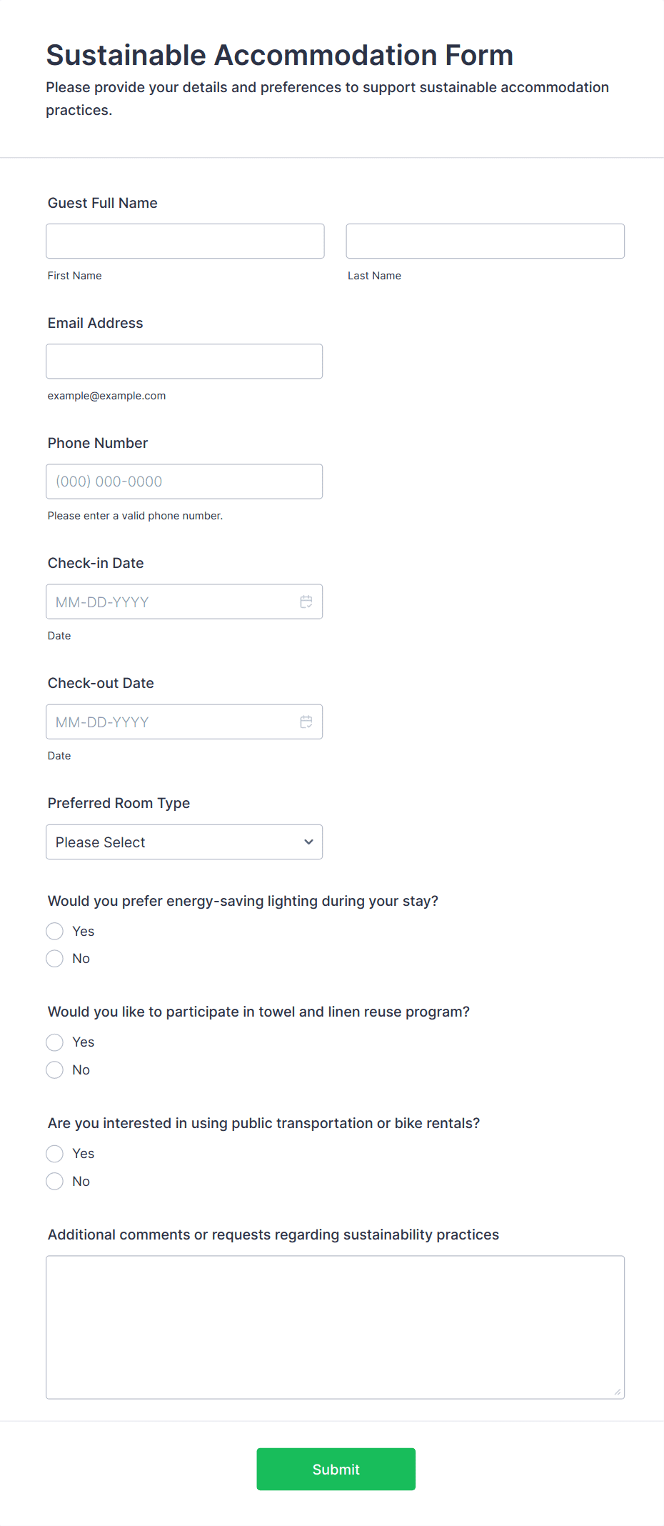Sustainable Accommodation Form Template | Jotform