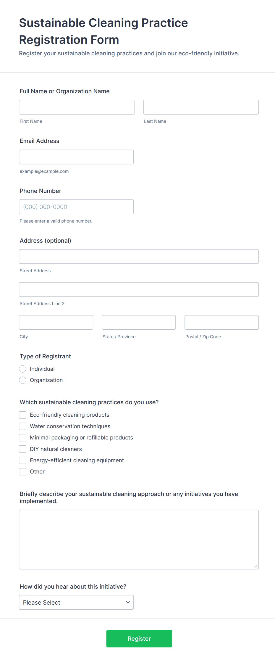 Sustainable Cleaning Practice Registration Form Template | Jotform