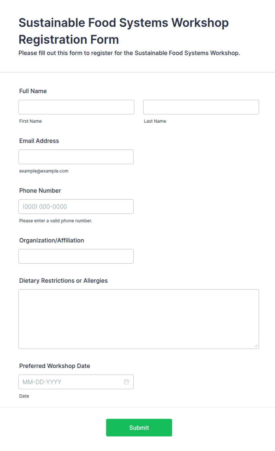 Sustainable Food Systems Workshop Registration Form Template | Jotform