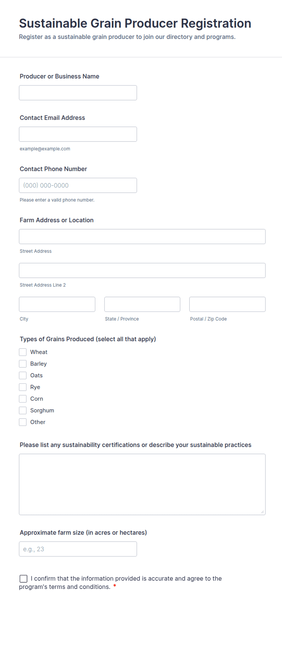 Sustainable Grain Producer Registration Form Template | Jotform