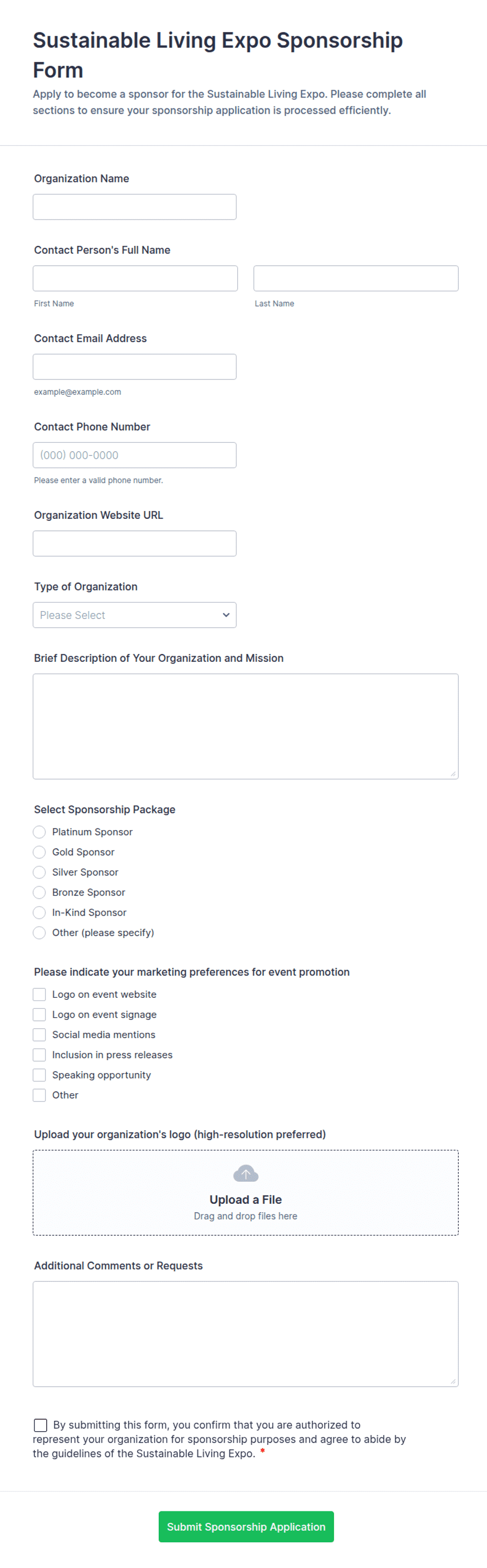 Sustainable Living Expo Sponsorship Form Template | Jotform