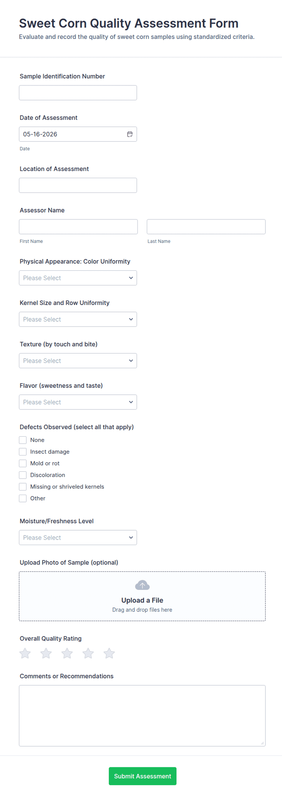 Sweet Corn Quality Assessment Form Template | Jotform