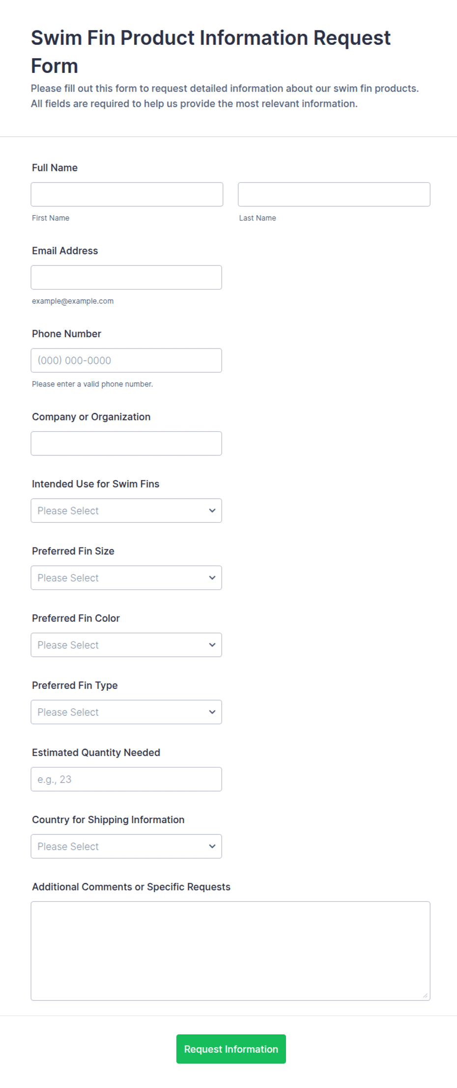 Swim Fin Product Information Request Form Template | Jotform
