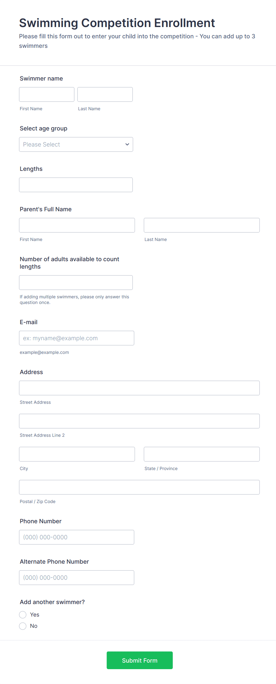 Swimming Competition enrollment Form Template | Jotform