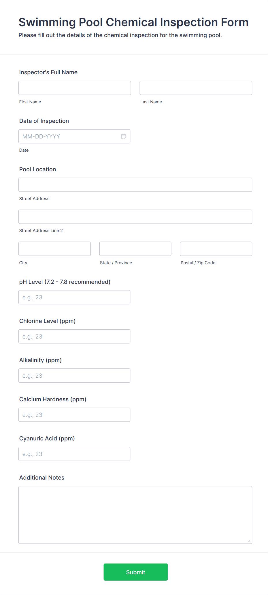 Swimming Pool Chemical Inspection Form Template | Jotform