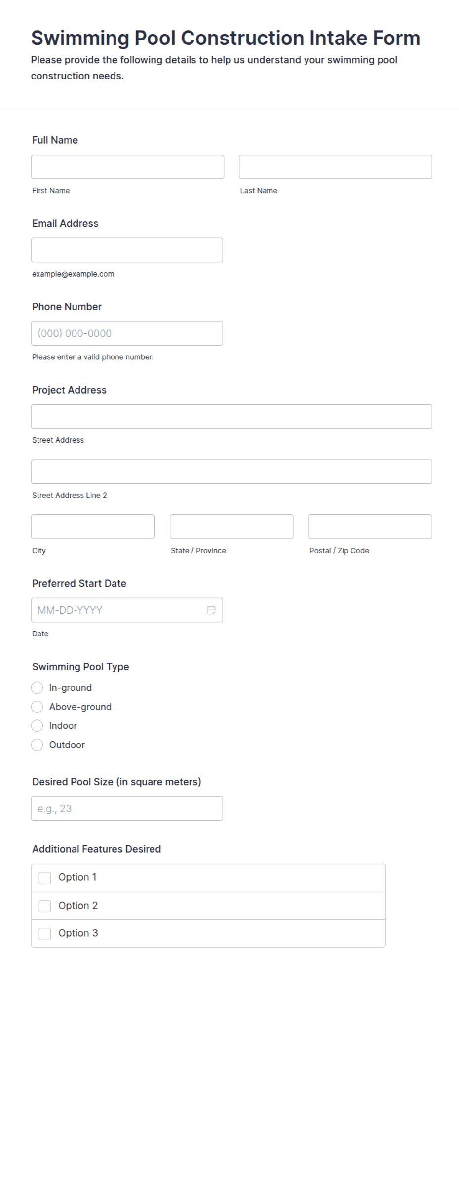 Swimming Pool Construction Intake Form Template | Jotform