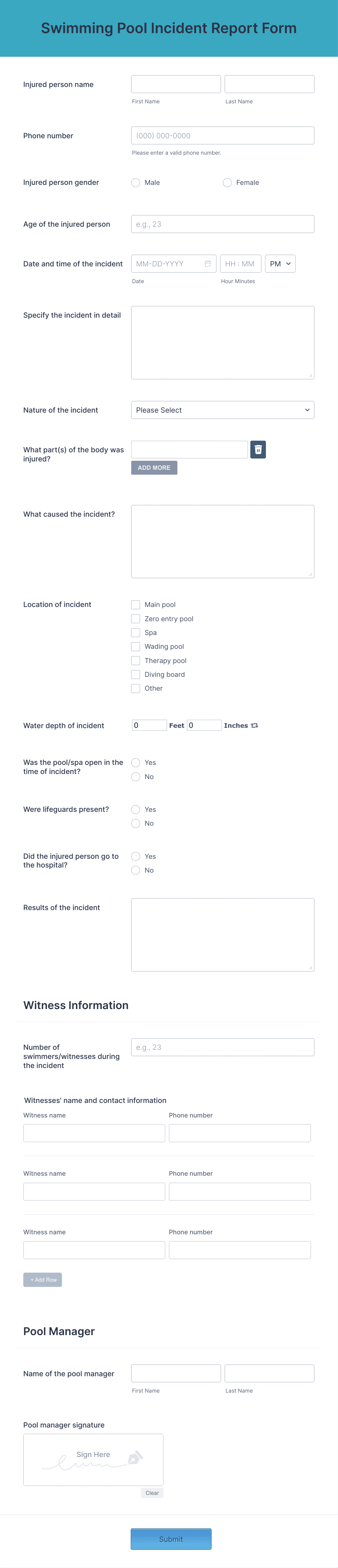 Swimming Pool Incident Report Form Template | Jotform