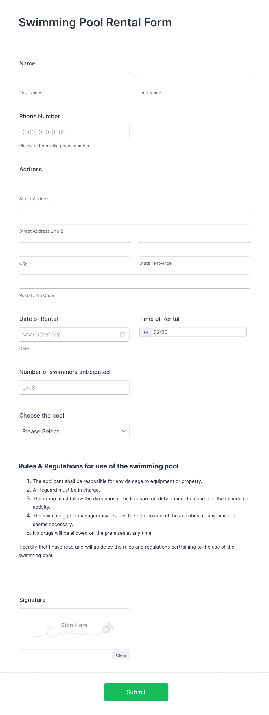 Swimming Pool Rental Form Template | Jotform